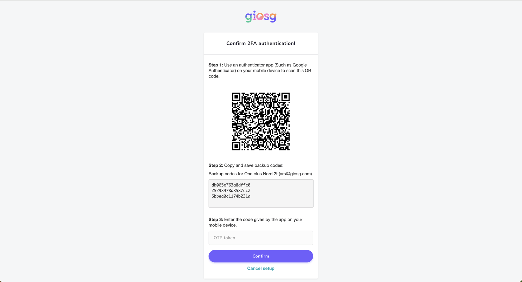 Two factor authentication setup (2FA)